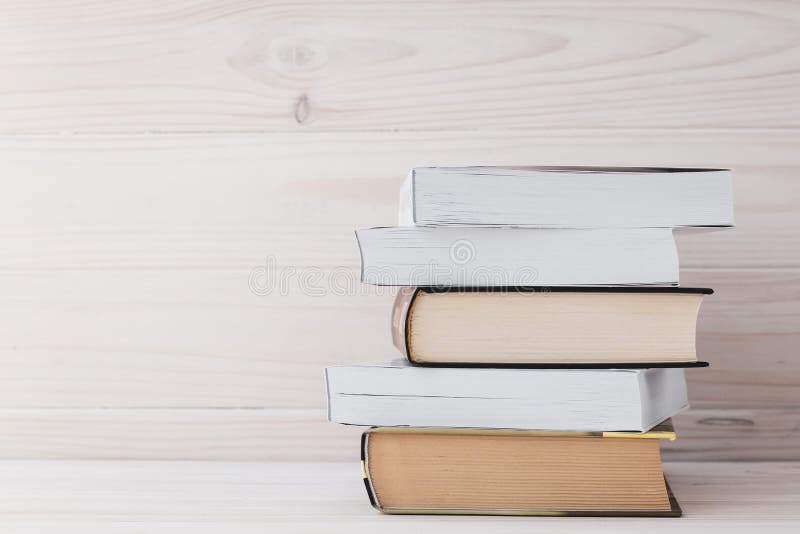 Stack of Books on Wooden Board Background. Empty Place, Copy Space ...