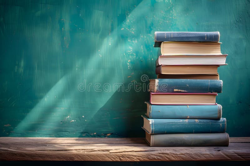 Stack of Books on Wooden Desk with Chalkboard Background,Study ...