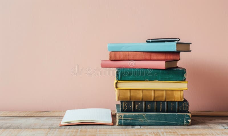 Stack of Books on a Wooden Desk with a Pastel Cream Background Stock ...