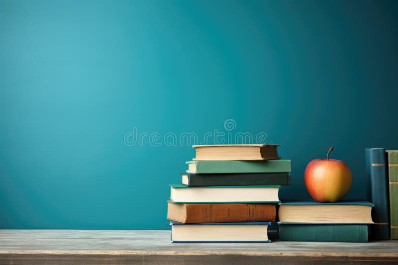 Stack of Books on Wooden Table and Blue Wall Background, Education ...