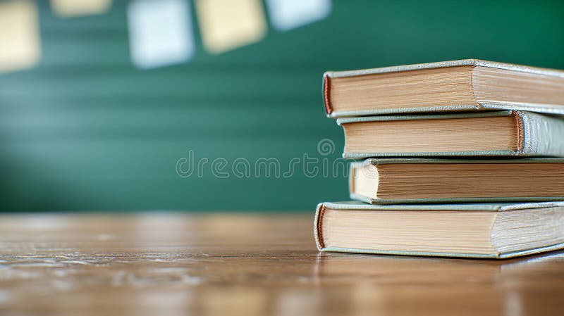 Stack of Books on Wooden Table in a Classroom. Green Chalkboard in the ...