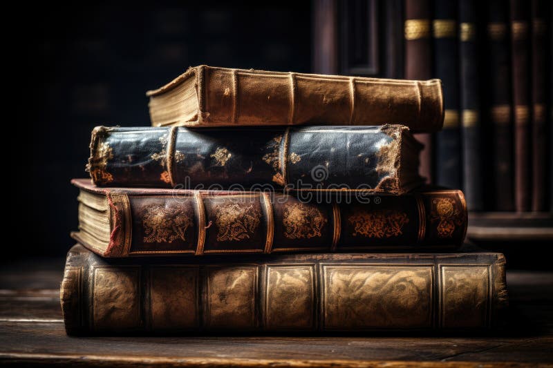 Stack of Books on Wooden Table Stock Illustration - Illustration of ...