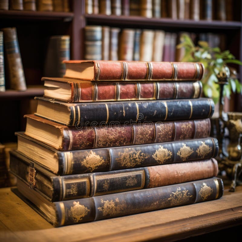 Stack of Books on Wooden Table Stock Illustration - Illustration of ...