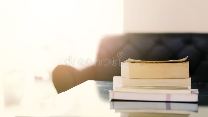 Stack of Books on Wooden Table with Copy Space. Education Background ...