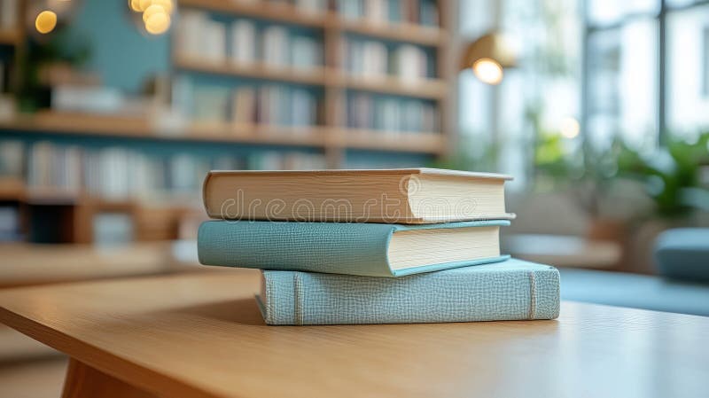 Stack of Books on a Wooden Table in a Cozy Library Stock Image - Image ...