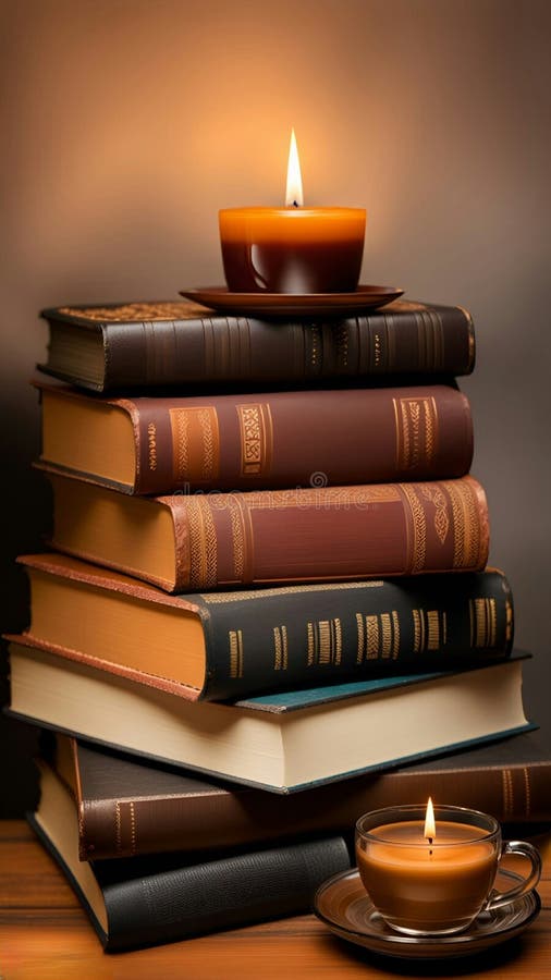 A Stack of Books on a Wooden Table with a Cup of Coffee and a Candle ...