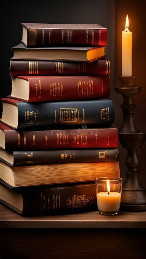 A Stack of Books on a Wooden Table with a Cup of Coffee and a Candle ...