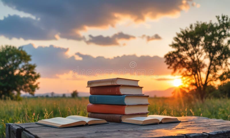 Stack Books on Wooden Table, with Open Pages Facing the Camera, Sits in ...