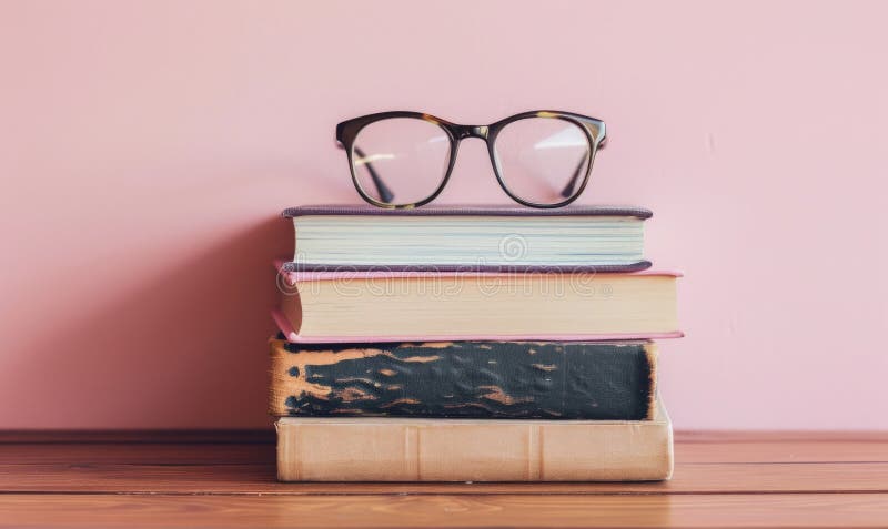 Stack of Books on a Wooden Table with a Pastel Rose Pink Background ...