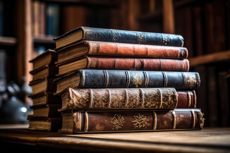 Stack of Books on Wooden Table Stock Illustration - Illustration of ...