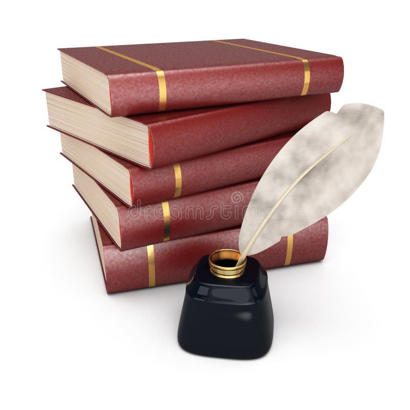 Stack of Books Writing Feather Stock Illustration - Illustration of ...