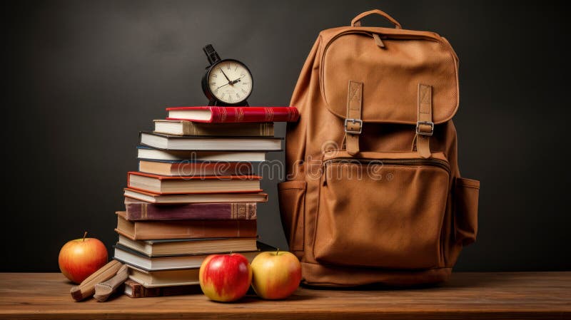 A Stack of Books, Writing Instruments and a Backpack on a Background of ...