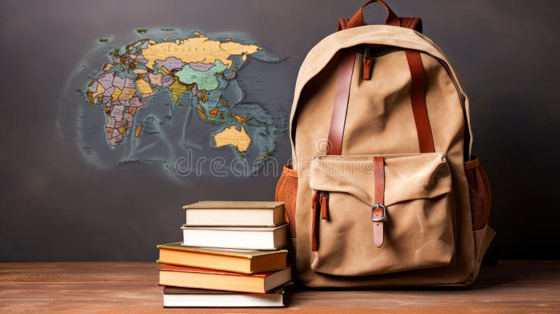 A Stack of Books, Writing Instruments and a Backpack on a Background of ...