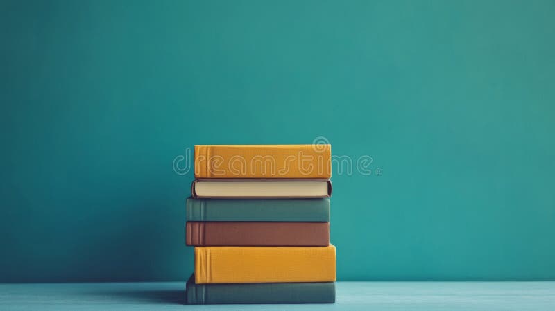 Stack of Books with Yellow and Green Covers on Teal Background Stock ...