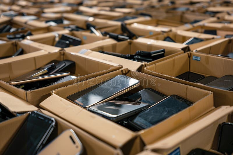A Stack of Boxes with Many Used Smartphones Inside. the Boxes are ...
