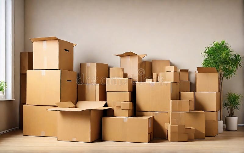 Stack of Boxes Move Concept. Cardboard Boxes and Cleaning Things for ...