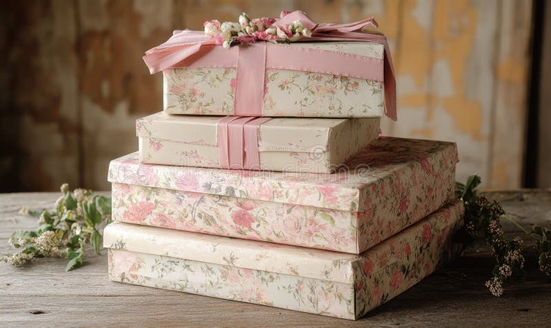 A Stack of Boxes with Pink Bows on Them Stock Image - Image of birthday ...