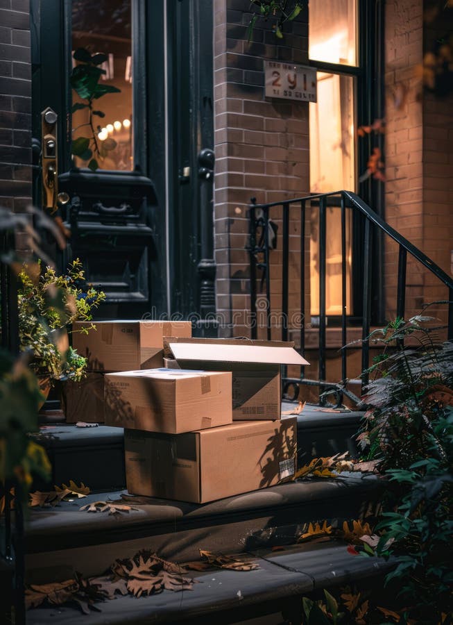 A Stack of Boxes is on a Porch. the Boxes are Brown and White Stock ...