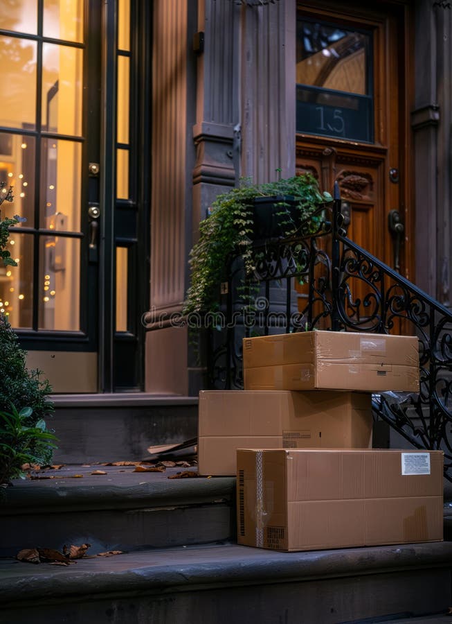 A Stack of Boxes is on a Porch. the Boxes are Labeled with the Numbers ...