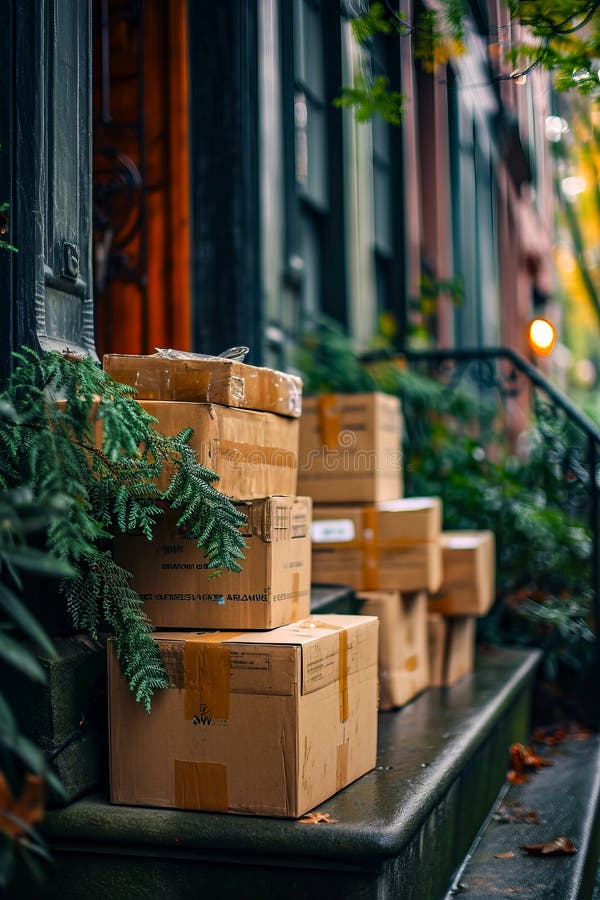 Stack of Boxes Sit on City Sidewalk in Front of Building. Generative AI ...