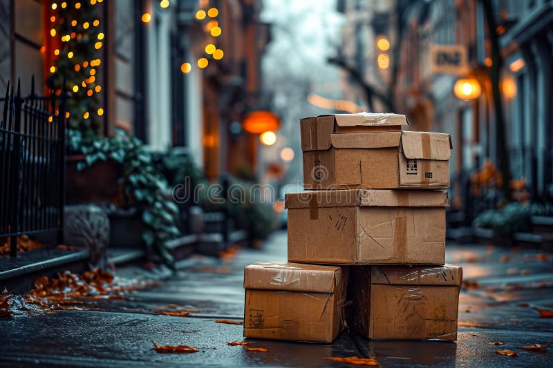 Stack of Boxes Sit on Wet Street. Generative AI Stock Photo - Image of ...