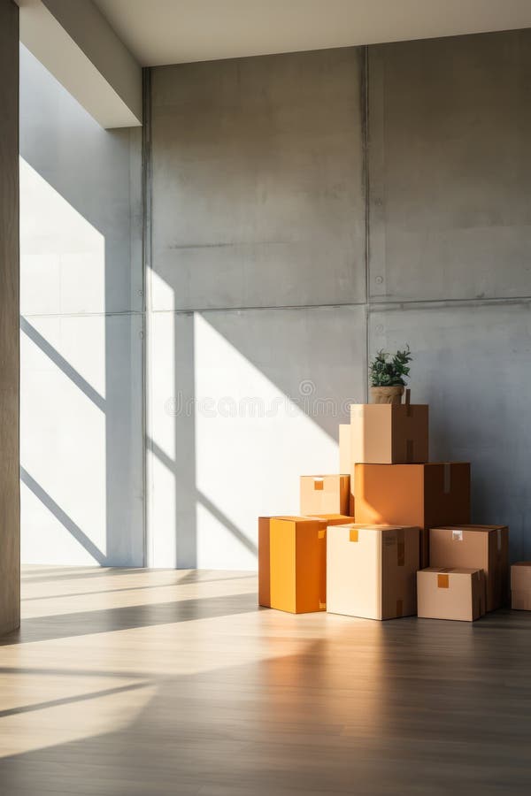 Stack of Boxes Sitting on Top of Hard Wood Floor. Generative AI Stock ...