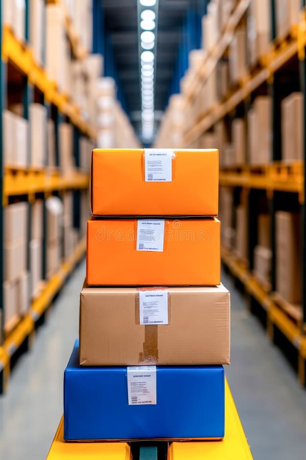 A Stack of Boxes Sitting on Top of a Yellow Carton Box in a Warehouse ...