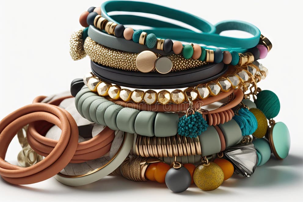 Stack of Bracelets in a Variety of Styles and Colors on White ...