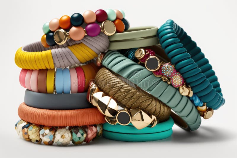 Stack of Bracelets in Varying Styles and Colors on White Background ...