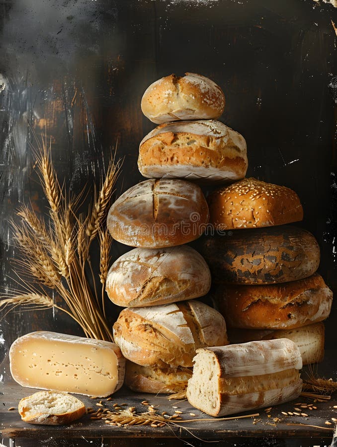 Stack of Bread and Cheese, Staple Foods on Wooden Table Stock Photo ...