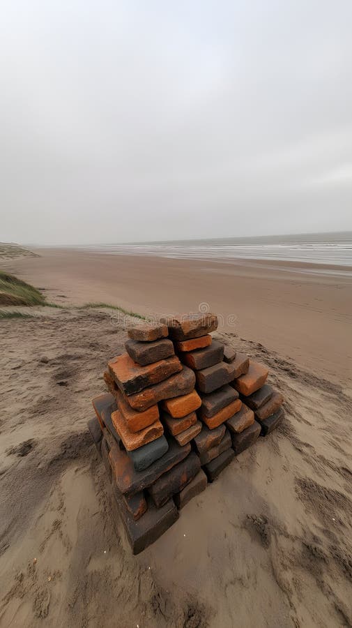 Stack of Bricks on Sandy Beach Seascape Royalty Free Image Stock Illustration - Illustration of ...