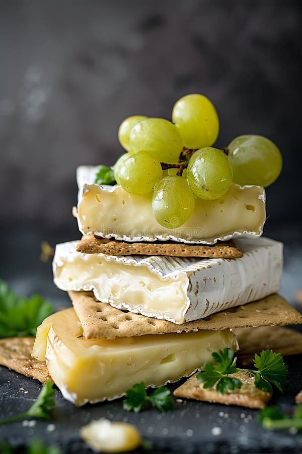 Stack of Brie Cheese, Crackers, and Green Grapes Creating Delicious ...