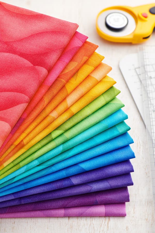 Stack of Bright Multicolored Fabrics, Accessories for Quilting Stock ...