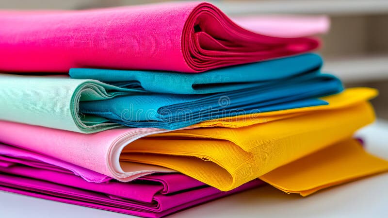 A Stack of Brightly Colored Fabric on a Table Stock Image - Image of ...