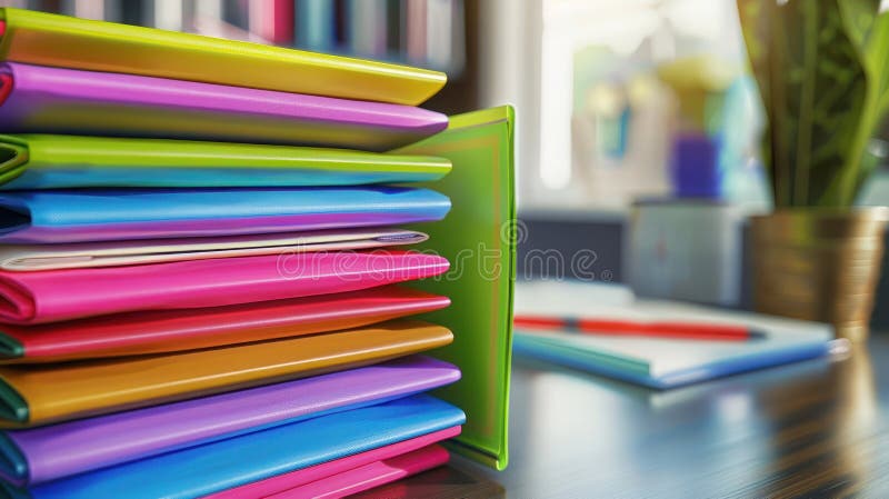 A Stack of Brightly Colored Folders on a Teacher S Desk Stock ...
