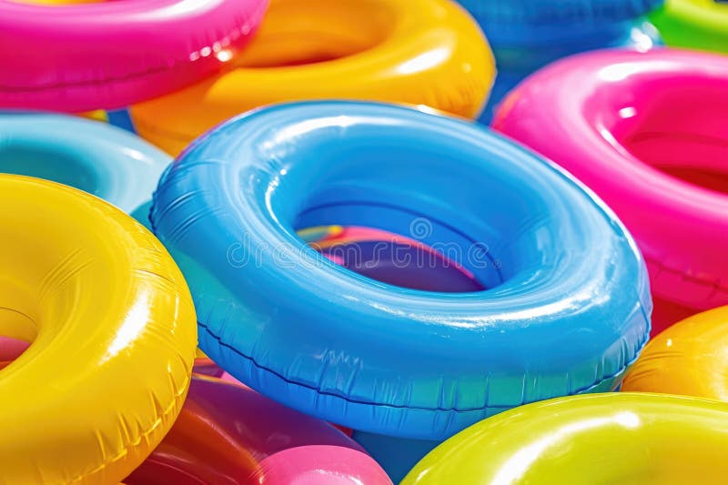 A Stack of Brightly Colored Inflatable Swimming Rings on the Ground ...