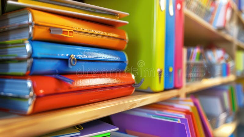 A Stack of Brightly Colored Notebooks and Binders on a Classroom Shelf ...