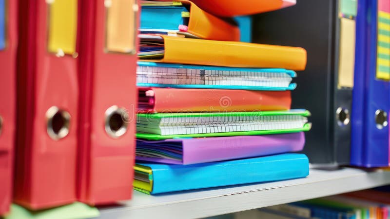 A Stack of Brightly Colored Notebooks and Binders on a Classroom Shelf ...