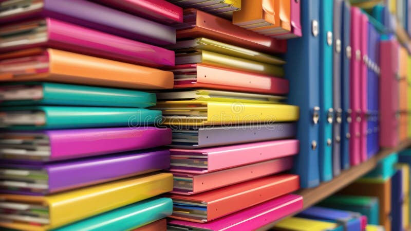 A Stack of Brightly Colored Notebooks and Binders on a Classroom Shelf ...