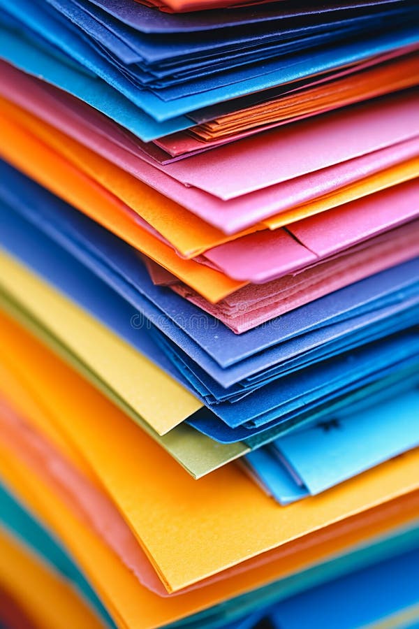 A Stack of Brightly Colored Papers Stacked on Top of Each Other Stock ...