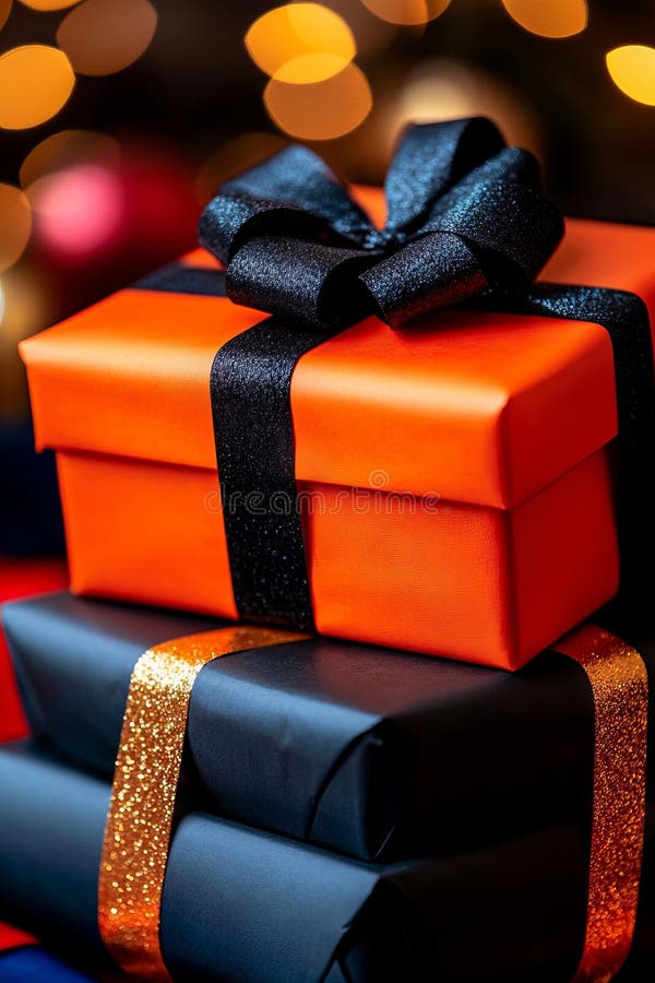 A Stack of Brightly Colored Presents with a Black Bow Stock Image ...