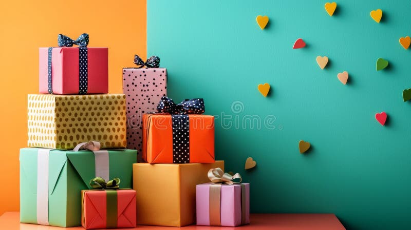 Stack of Brightly Wrapped Gift Boxes with Hearts on Colored Background Stock Photo - Image of ...