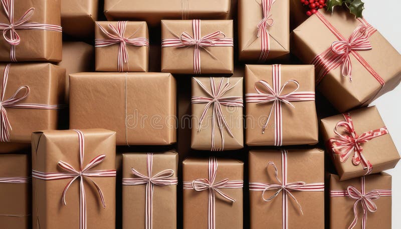 A Stack of Brown Boxes with Red and White Ribbons Stock Photo - Image ...