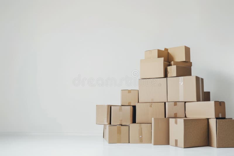 Stack of Brown Cardboard Boxes for Moving Day with Stuff Indoors. High ...