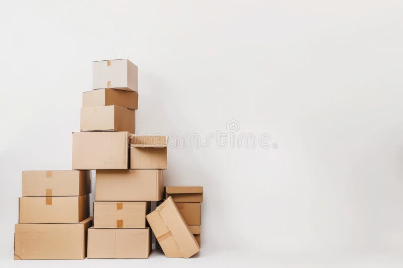 Stack of Brown Cardboard Boxes for Moving Day with Stuff Indoors. High ...