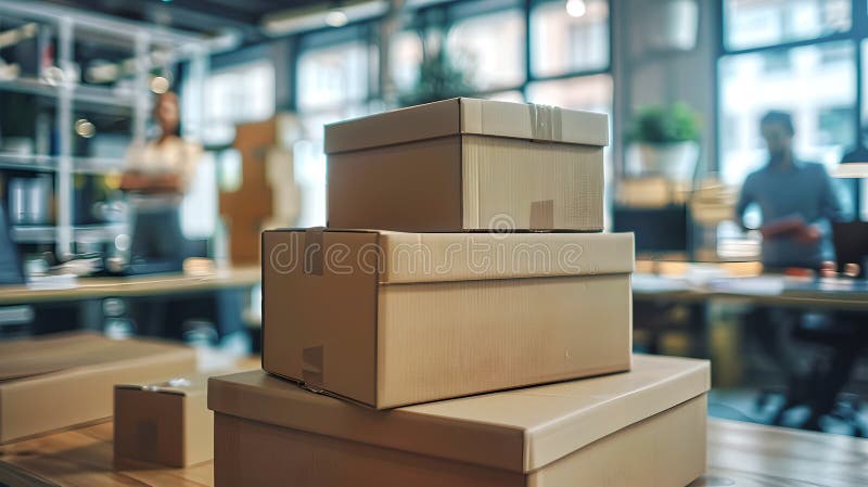 Stack of Brown Cardboard Boxes on Table in Modern Office Space. Close ...