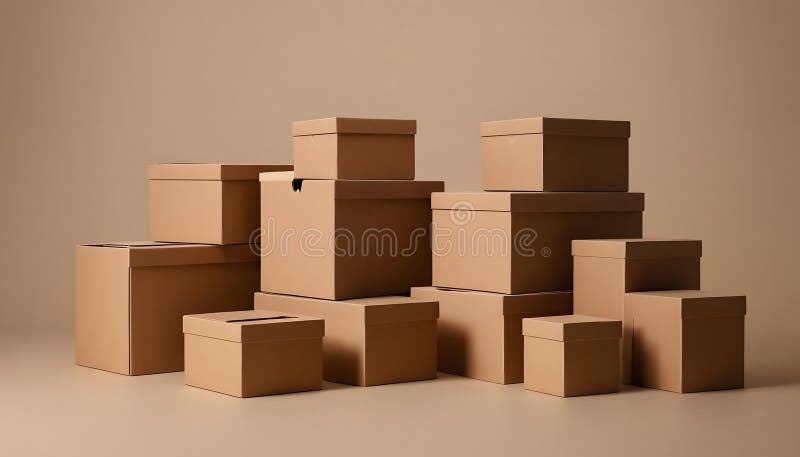 Stack of Brown Cardboard Boxes in Various Sizes with Smooth Background ...
