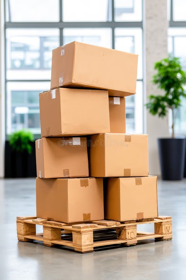A Stack of Cardboard Boxes Sitting on Top of a Wooden Pallet Stock ...