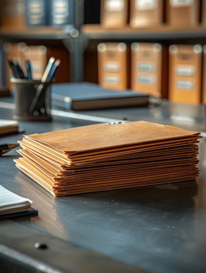 Stack of Brown Folders on a Desk in an Organized Office. Stock Image ...
