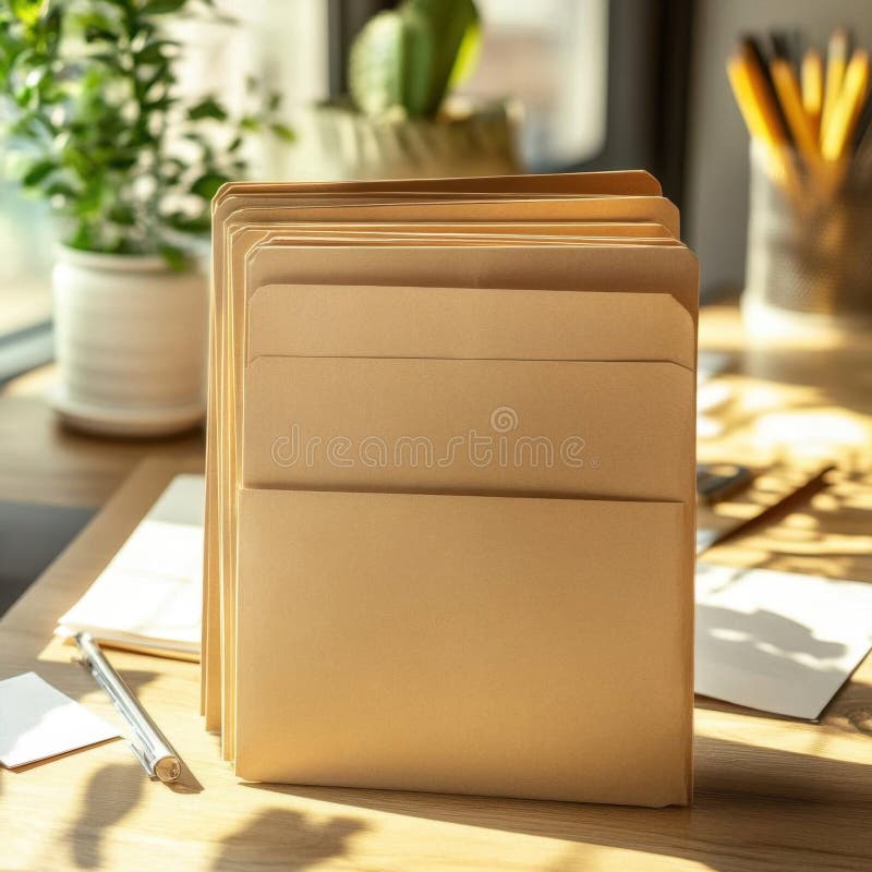 Stack of Brown Folders on Wooden Desk Stock Illustration - Illustration ...